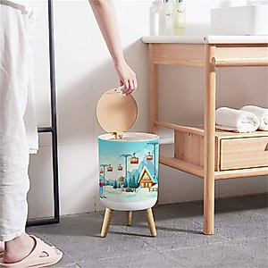 Small Trash Can with Lid Winter vacation active weekend leisure in mountain resort cartoon Waste Bin with Wood Legs Press Cover Wastebasket Round Garbage Bin for Kitchen Bathroom Bedroom Office