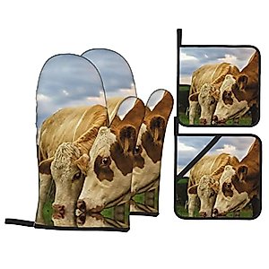 Milk Cow Home Oven Gloves and Pot Holders 4-Piece Set for Kitchen Cooking and Baking High Heat Resistant Set