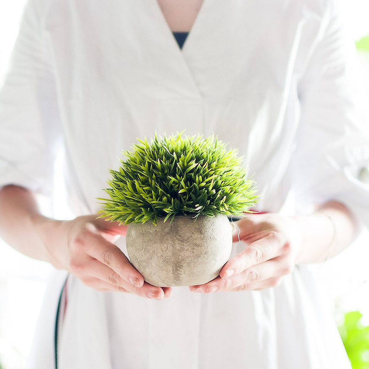 Opps Mini Artificial Plants Plastic Fake Green Grass Topiary Shrubs with Gray Pot for Home Décor – Set of 3