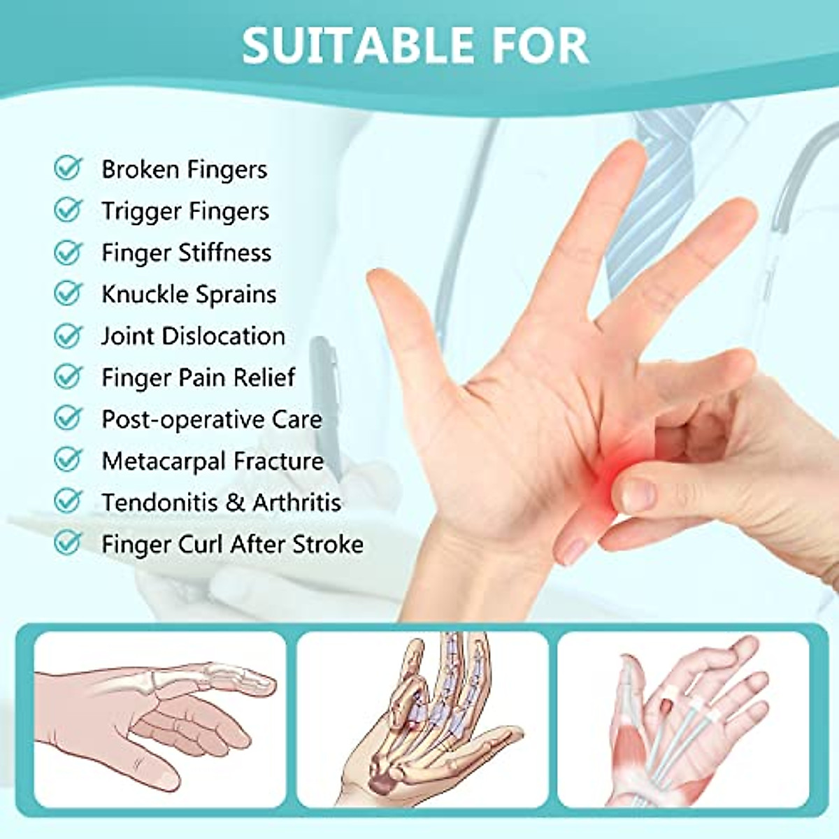fibee Trigger Finger Splint, Adjustable Two Finger Splint Full Hand and Wrist Brace Support, Metal Straightening Immobilizer Treatment for Sprains, Mallet Injury, Arthritis(S/M)