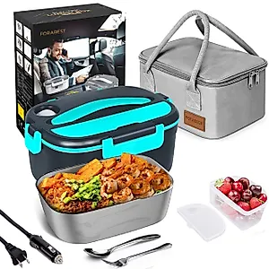 FORABEST Electric Lunch Box Food Heater Upgraded 60W Leakproof 2-in-1 Portable Food Warmer Lunch Box for Car & Home with Power on Button, Removable Container, Large Fork, Spoon (Green & Blue)