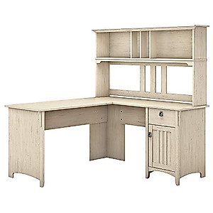 Bush Furniture Salinas L Shaped Desk with Hutch, 60W, Antique White