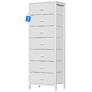 Furnulem White Tall Dresser for Bedroom with 7 Drawers, Vertical Chest of Drawers in Closet, End Table, Nightstand Storage Tower Unit Organizer with Fabric Bins for Dorm,Living Room,Entryway,Hallyway