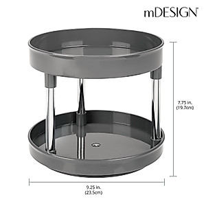 mDesign 2 Tier Lazy Susan Turntable Food Storage Container for Cabinets, Pantry, Fridge, Countertops - Raised Edge, Spinning Organizer for Spices, Condiments - 9" Round - Charcoal Gray/Chrome