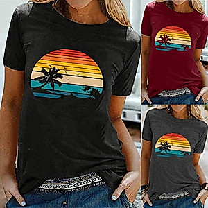 wodceeke Women's Retro Beach Print T-shirt Short Sleeve Round Neck Basic Tee Summer Casual Sports Tops (Black, XXL)