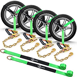 Trekassy 2”x 96” Car Tie Down Tire Straps with 16" Chain Anchors for Trailers, 3,333lbs Safe Working Load