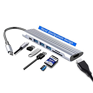Quawins USB 3.0 C Hub Multiport Adapter,7 in 1 Aluminum Wave Design Heat Dissipation with 4K HDMI Output, 3 USB 3.0 Ports, SD/Micro SD Card Reader Compatible for MacBook Pro, XPS More Type C Devices