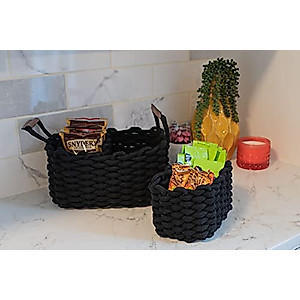Nat & Jules Thick Woven 12 x 10 Polyester Knit Nesting Baskets Set of 3 - Organize Your Home Linen Closet, Storage Shelves, Bathroom Cabinets or Living Room in Style, Black