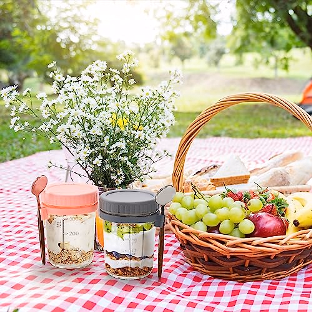 Pumtus 4 Pack Overnight Oats Container with Lid and Spoon, 16 OZ Airtight Glass Mason Oatmeal Jars, On The Go Meal Prep Jars with Measurement Marks for Milk, Cereal, Fruit, Breakfast