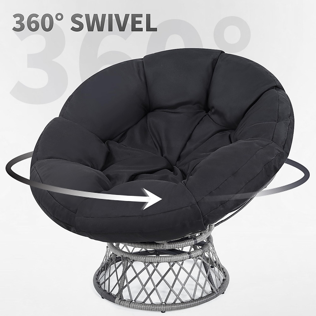 KROFEM 44" Giant Oversized Wicker Papasan Chair with Cushion Teens and Adults, Fluid 360 Swivel, Ideal for Dorm, Bedroom, or Living Room Grey Frame with Black Cushion