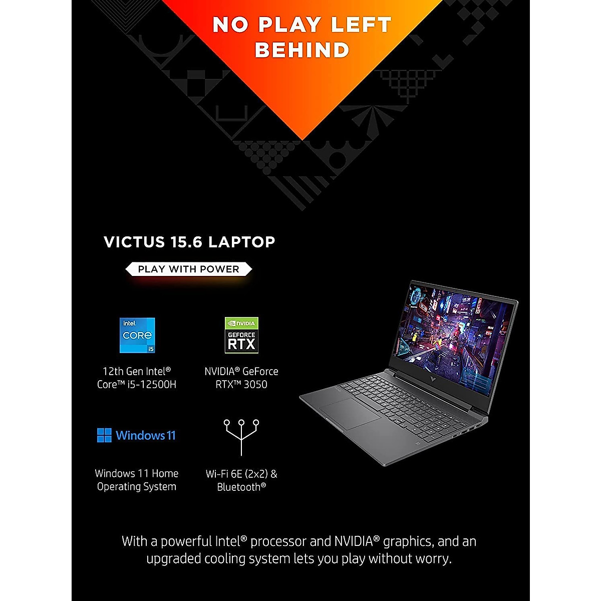 HP Victus Gaming Laptop, 15.6 inch FHD Display, 12th Gen Intel Core i5-12500H 12 Core, NVIDIA GeForce RTX 3050, 16GB RAM, 512GB SSD, Wi-Fi, Bluetooth, Windows 11 Home, Bundle with JAWFOAL