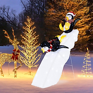 Tangkula 4 FT Lighted Christmas Penguin Slide Scene Decoration, 2 Sliding Penguins & Snowy Slide, Pre-Lit Christmas Penguin & Slide with LED Lights, Stakes, Indoor Outdoor Yard Decor
