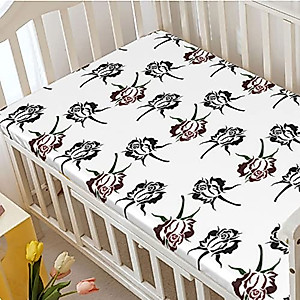 Roses Themed Fitted Crib Sheet,Standard Crib Mattress Fitted Sheet Ultra Soft Material-Baby Crib Sheets for Girl or Boy,28“ x52“,Dark Fuchsia Dark Green Charcoal Grey White