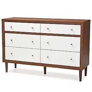 Baxton Furniture Studios Harlow Mid-Century Wood 6 Drawer Storage Dresser, Medium, White and Walnut