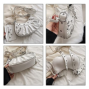 Retro Punk Style Rivet Hobo Bag + Mini Purses, Pleated Crescent Bag, Personality Satchels/Shoulder/Crossbody Bag for Women