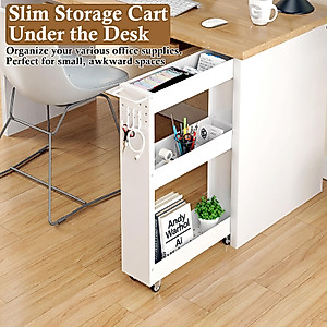 OKZEST Rolling Slim Storage Cart, 3-Tier Narrow Utility Kitchen Cart on Wheels, Metal Narrow Storage Cabinet Organizer Cart for Small Spaces in Laundry Room, Kitchen, Bathroom - 5-Inch Width