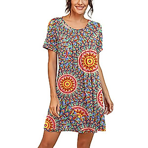 PrinStory Womens Sleepwear Short Sleeve Nightgown Soft Sleepshirt Pleated Nightshirt Scoopneck Casual Loungewear FP-Peacock Blue-Large