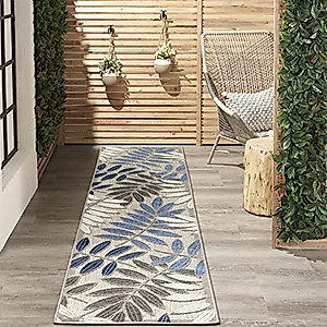 Nourison Aloha Indoor/Outdoor Grey/Blue 2' x 6' Area -Rug, Tropical, Botanical, Easy -Cleaning, Non Shedding, Bed Room, Living Room, Deck, Backyard, (6' x Runner)