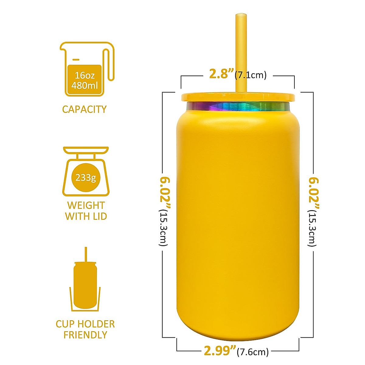 Glass Cups with Lids and Straws, 16 oz Stainless Steel Cups, Insulated Skinny Tumbler, Powder Coated Travel Mugs for Laser Engrave, Iced Coffee Cup for Smoothie Water DIY Gift (Orange,1 pack)