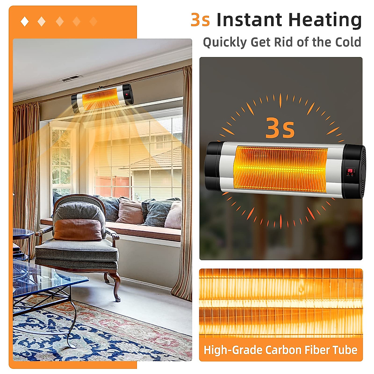 COSTWAY Wall Mounted Patio Heater, 1500W Electric Infrared Heater with Remote Control, 24H Timer, Carbon Fiber Tube, Waterproof Indoor Outdoor Haning Heater for Patio Garage Balcony Porch