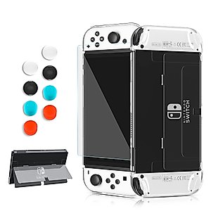 FUNDIARY Dockable Clear Case for Nintendo Switch OLED, PC Protective Cover for Switch OLED with Glass Screen Protector and 8 Thumb Grip Caps, Anti-Scratch Design, Full Protection and Shock-Absorption