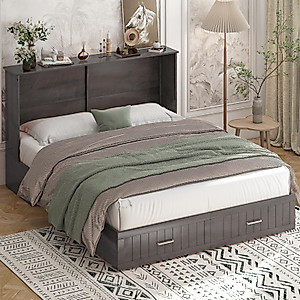 PUREMIND Murphy Bed Cabinet with Built-in Charging Station and Storage Drawer, Solid Wood Cabinet Bed Queen Size with Mattress, Murphy Cube Chest Bed for Guest Room, Home, Office,Gray