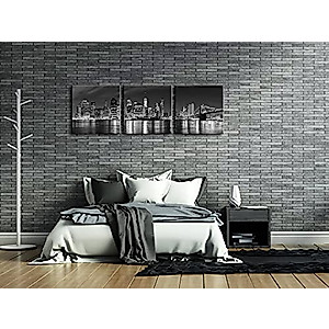 Pyradecor New York City Skyline Night Modern 3 Panel Stretched and Framed Black and White Cityscape Giclee Canvas Prints Pictures Paintings on Wall Art for Living Room Bedroom Home Decorations