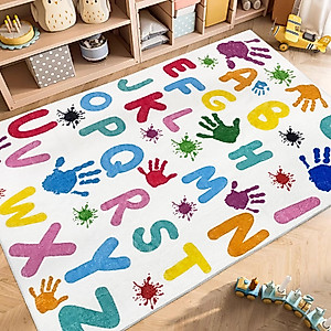 USTIDE Kids Rug ABC Kids Carpet 5x7 Ft Washable Non-Slip Play Mat Indoor Area Rug Carpet for Living Room Bedroom Nursery Room Classroom Colorful Handprint Area Rug for Playroom