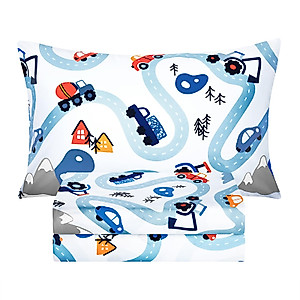 BYSURE Twin Sheets Set Kids(Car Trace, Blue), 3 Pieces Easy Fit Deep Pocket Sheets Set, Breathable Wrinkle-Free Microfiber Bedding for Children