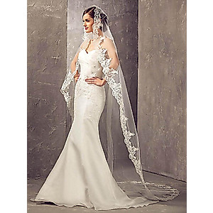 Unsutuo Cathedral Wedding Veil 1 Tier Lace Applique Bridal Veil Long Tulle Veil with Comb for Women and Bride (Ivory)