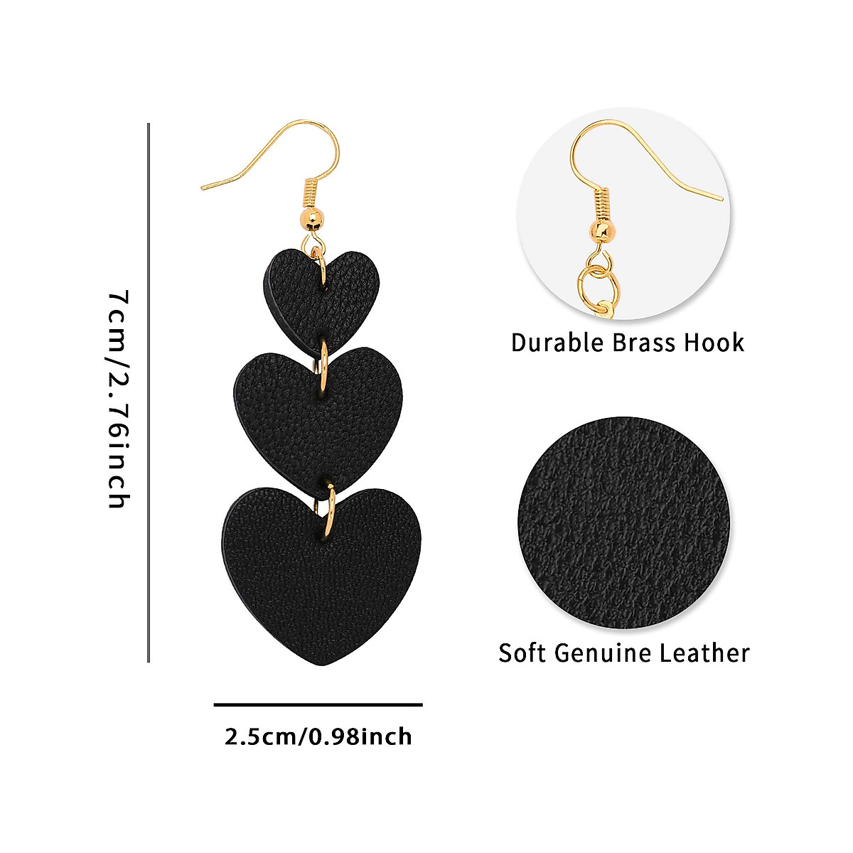 Jagucho Leather Earrings Dangle for Women, Lightweight Heart Earrings Drop (Black 42)