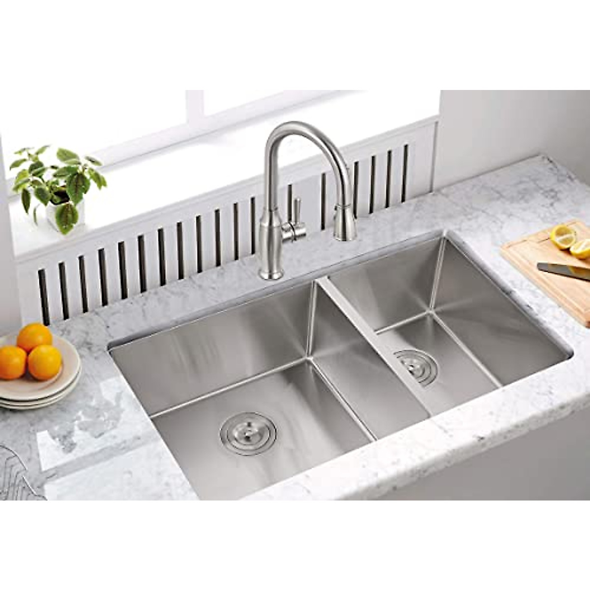 ROVOGO 33x19x9 in. Undermount 60/40 Double Bowl Kitchen Sink, Stainless Steel Sink Deep Handmade 2 Offset Basin with Basket Strainer, Brushed