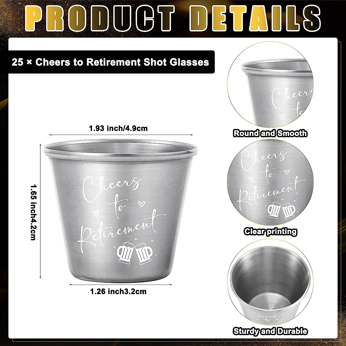 Havawish 25 Sets Retirement Party Favors for Guests Cheers to Retirement Short Glasses Stainless Steel Shot Glasses with Thank You Tags Organza Bags Retirement Souvenirs Party Decorations