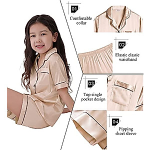 SWOMOG Kids Satin Pajamas Sets Girls Boys Button-Down Pjs Short Sleeve Silk Nightwear 2 Piece Lounge Sets