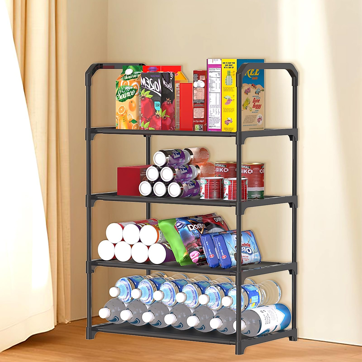 scopbinsa 4-Tier Small Shoe Rack, Stackable Nonwoven Shoe Storage Organizer Metal Shoe Shelf with Handle for Entryway, Hallway, cabinet and Closet (4 black-with Handle)