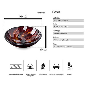 Puluomis Artistic Vessel Sink Bathroom Tempered Glass Vanity Round Bowl with Oil Rubber Bronze Faucet and Pop up drain Combo, Flame Red
