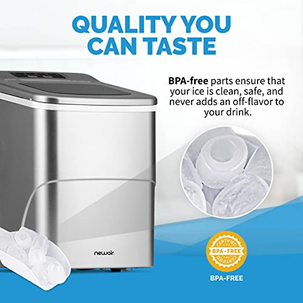 Newair 26 lbs. Countertop Ice Maker, Portable and Lightweight, Intuitive Control, Large or Small Ice Size, Easy to Clean BPA-Free Parts, Perfect for Cocktails, Scotch, Soda and More
