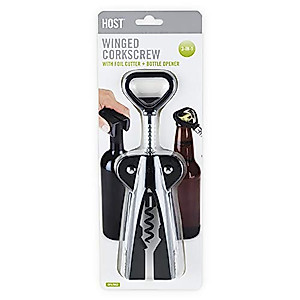 HOST Winged Corkscrew, Non-Stick Worm And Bottle Opener, 2-Blade Foil Cutter