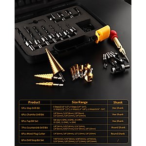 ZORUNNA 34 Pcs Woodworking Chamfer Drilling Tools Including 6 Countersink Drill Bit Set, 7 Countersink Drill Bit, 8 Plug Cutters for Woodworking, 3 Step Drill Bit and 8 Drill Stop Bit Collar Set.