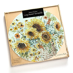 CounterArt Sunflowers Forever 4mm Heat Tolerant Tempered Glass Lazy Susan Turntable 13" Diameter Condiment Caddy Cake Plate Pizza Server