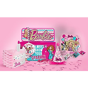 Barbie Birthday Party Gift Set - Tin Box, Tin Pencil Case, Stickers, Birthday Necklace, Plush, and Birthday Hat