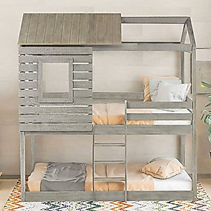 Mesnt Twin Bunk Bed Frame | Twin Over Twin Bunk Bed Wood Loft Bed with Roof, Window, Guardrail, Ladder Antique Gray