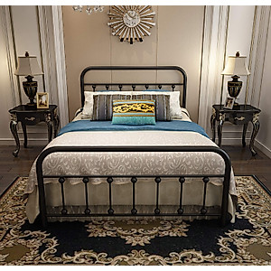 YALAXON Vintage Sturdy Full Size Metal Bed Frame with Headboard and Footboard Basic Bed Frame No Box Spring Needed，Black