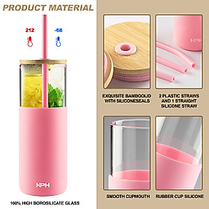 Klickpick Home 20 Ounce Glass Tumblers With Non Slip Silicone Sleeve And 3 Straws And 2 Wooden Fit Lid For Each Glass Water Bottle Tumbler BPA Free (Pink)