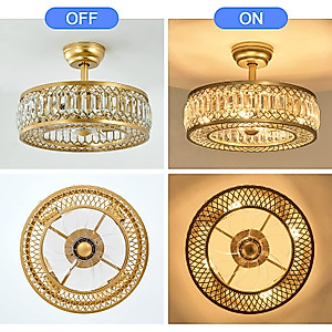 KOKAiZeeKi Gold Crystal Caged Ceiling Fans with Light, 18" Bladeless Ceiling Fan with Remote Control, 6 Speed Low Profile Enclosed Ceiling Fan with Reversible Motor for Bedroom Kitchen Living Room