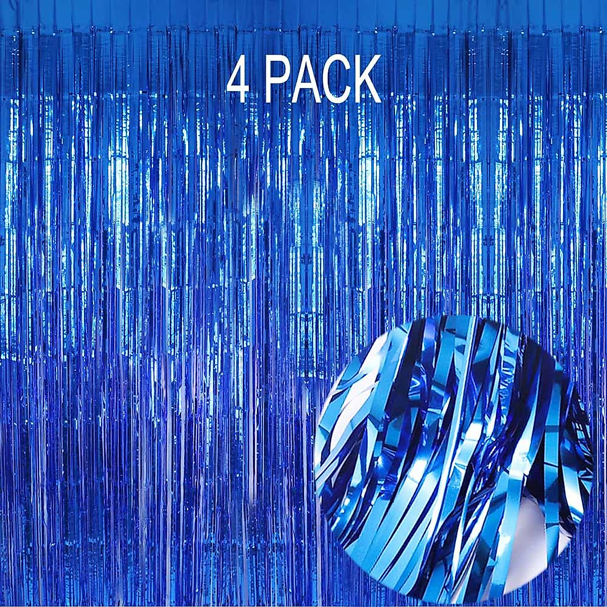 EUFARS Blue Foil Fringe Curtain- 4 Pack of 3.2x8.2ft Blue Streamers Backdrop Curtains for Blue Party Decorations Blue Photo Booth Backdrop