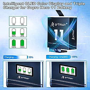 Artman Enduro Battery 3-Pack for Gopro Hero 11 Black, Hero 10 Black, Hero 9 Black with 3-Channel USB Intelligent OLED Color Display Charger (Fully Compatible with Gopro Hero 11/10/9 Battery Charger)