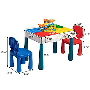 Sandinrayli 7-in-1 Kid Activity Table Set w/2 Chairs & 72Pcs Large Size Blocks, Compatible with Classic Blocks, Water/Sand Table, Building Block Table for Toddler (Primary)