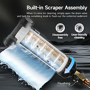 PUREPLUS 40 Micron Whole House Spin Down Sediment Water Filter With Scrapper, Reusable Flushable Pre-Filtration System for City/Tap water, 1" MNPT + 3/4" FNPT + 3/4"MNPT, Brass, BPA Free, USA Tech