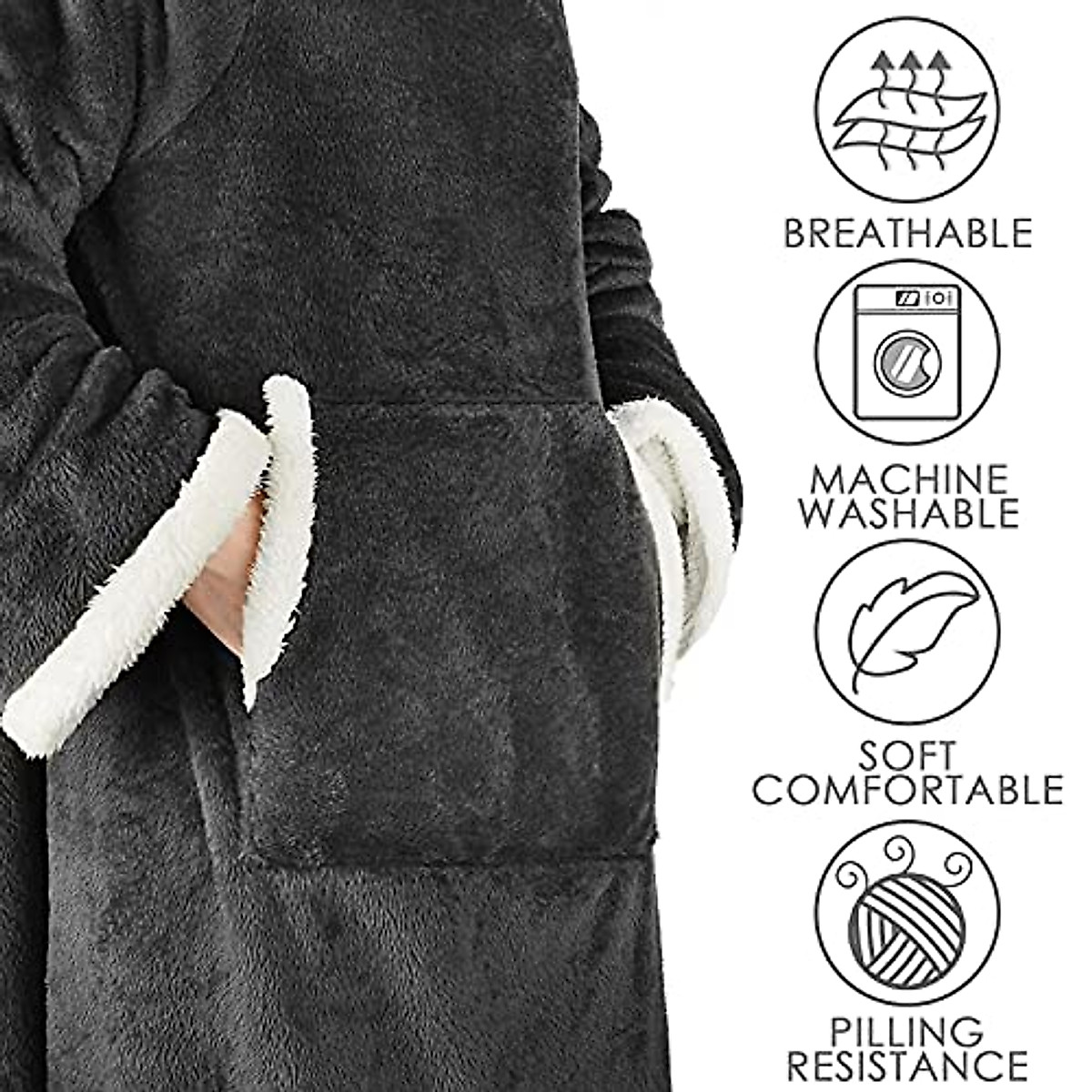 Linkidea Sherpa Wearable Blanket with Sleeves & Pockets for Adult Women and Men, Plush Fleece Robe TV Blanket for Couch, Sofa (Gray)